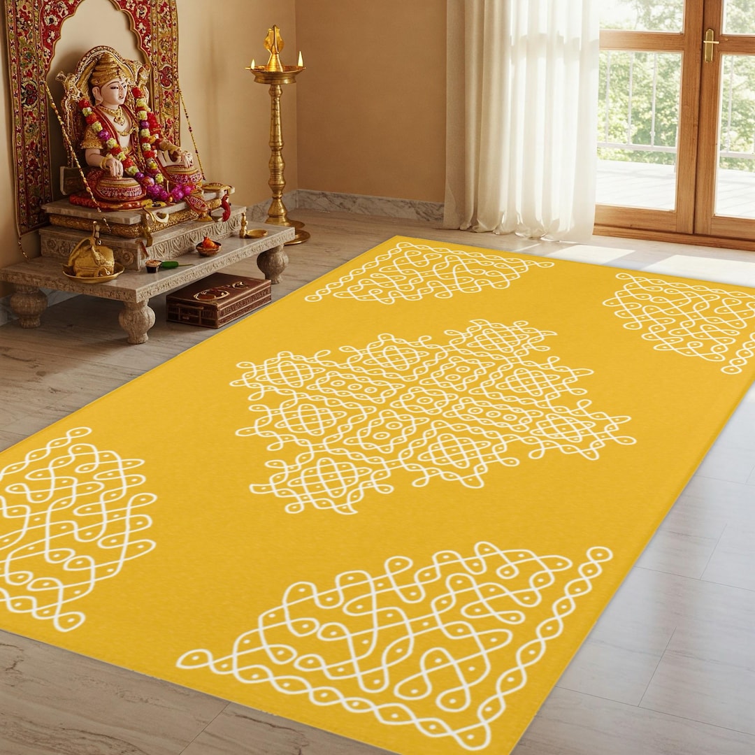 Rangoli Mat Yellow Area Rug, Pooja Decoration Kolam Mat, Mandir Mat ...