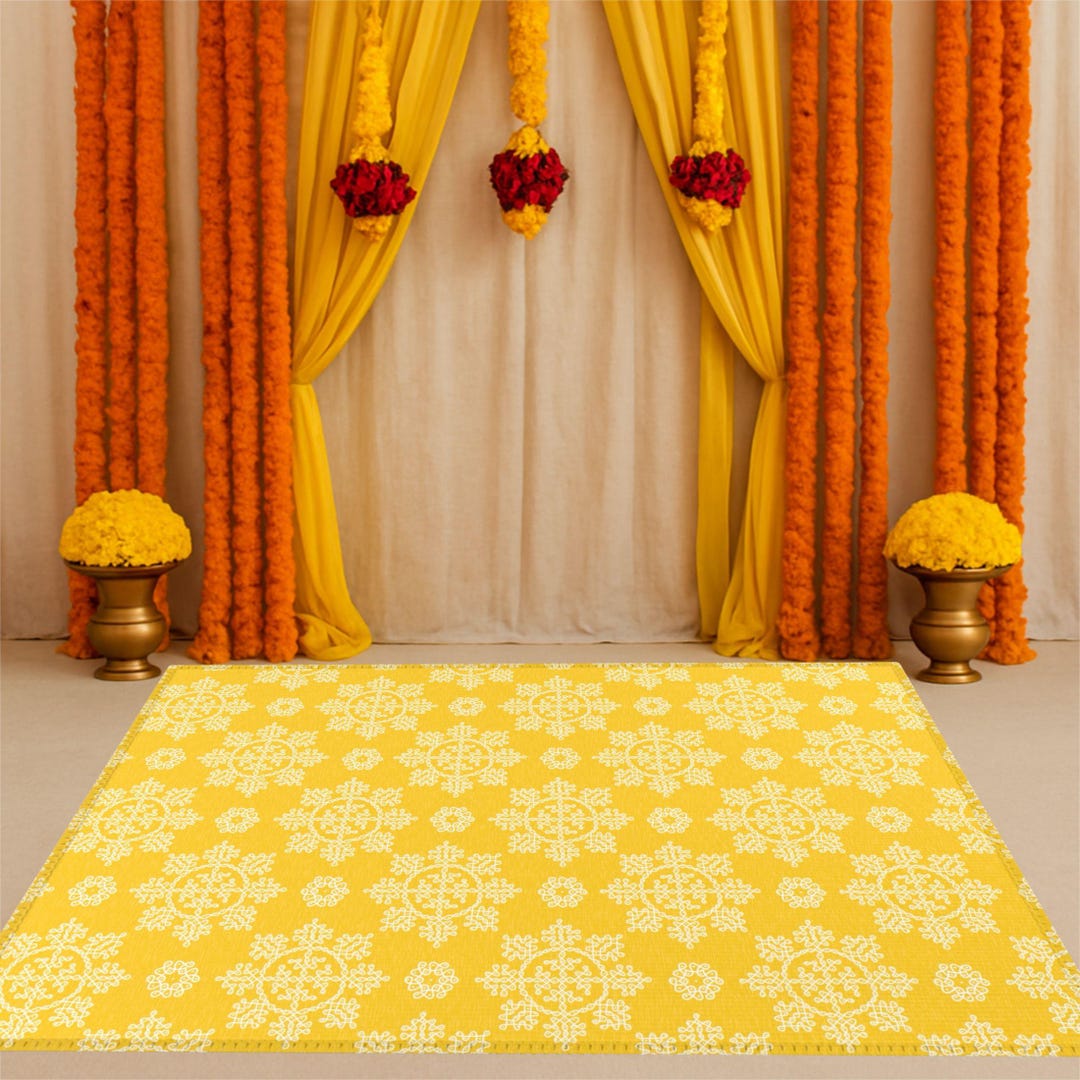 Pooja Decoration, Rangoli Mat Yellow Area Rug, Mandir Mat, Pooja ...