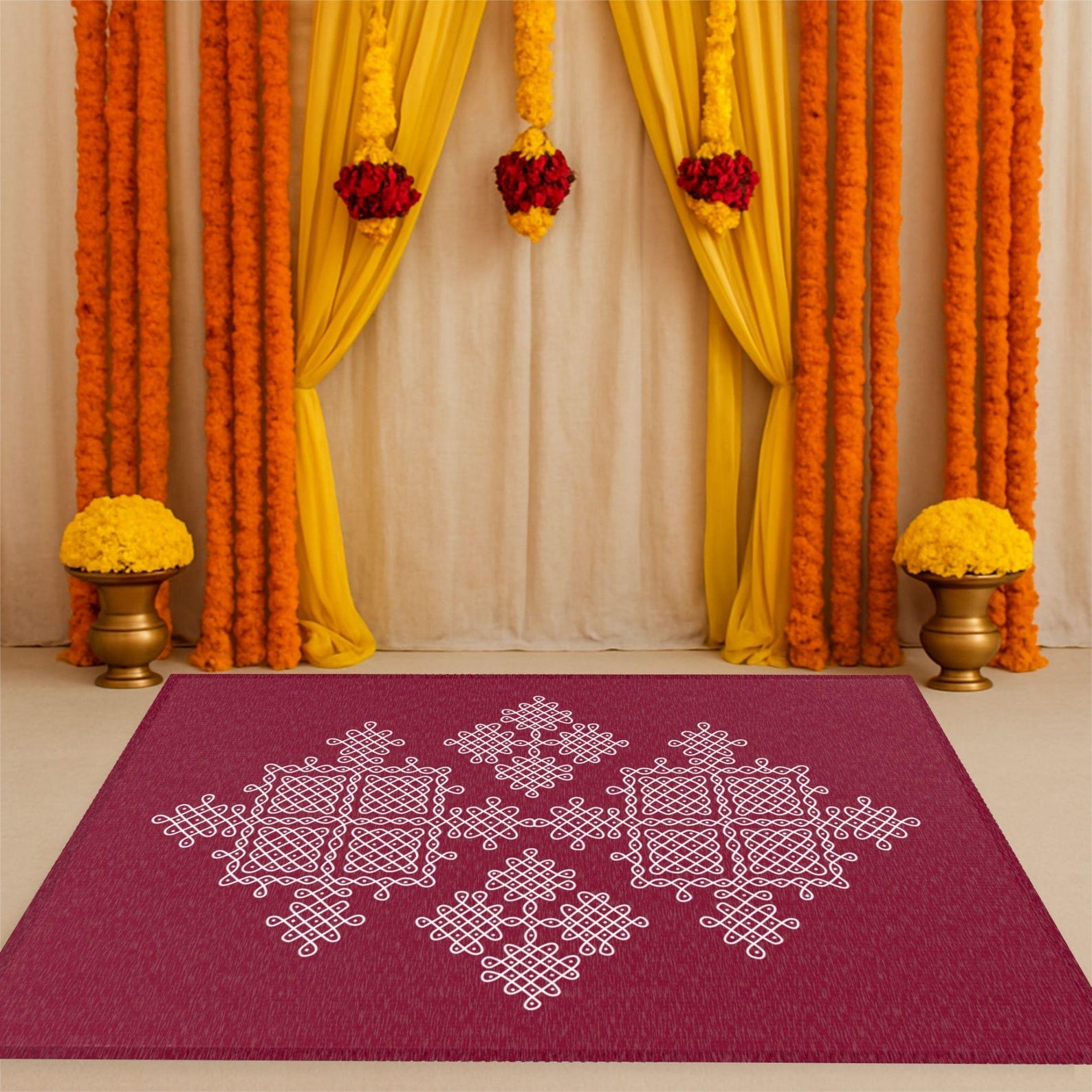 Pooja Decoration, Rangoli Mat Maroon Area Rug, Mandir Mat, Puja ...