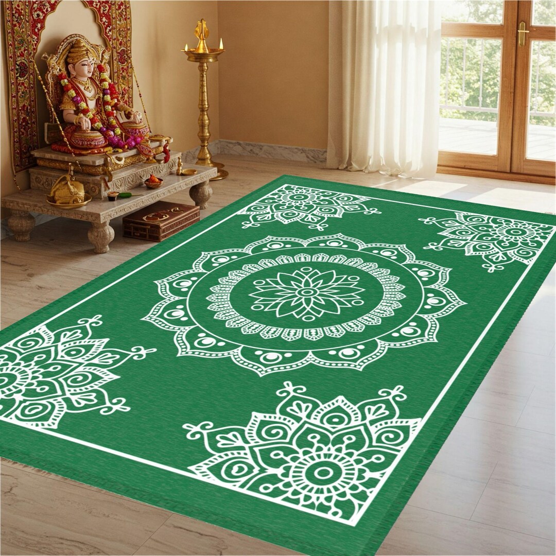 Pooja Decoration, Rangoli Mat Green Area Rug, Mandala Mandir Mat, Pooja ...