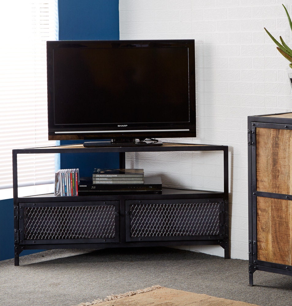 Rustic Industrial Solid Wood Metal 2 Drawers With Shelf Ellen Corner Stand TV Media Unit Living Room Bedroom Etsy