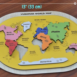 Wooden World Map Puzzle, Continents and Oceans, Personalized Wooden Map ...