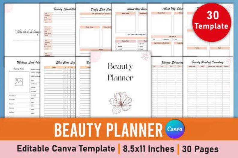 Printable Beauty Planner Canva Template | Editable Skincare, Makeup ...