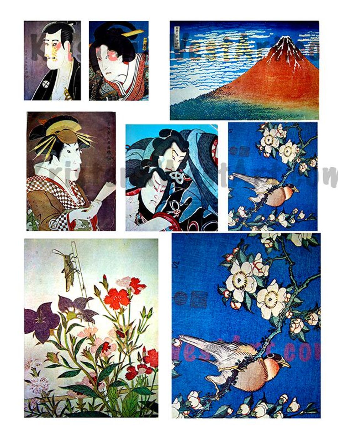 Vintage Japanese Woodblock Print Collage – Ukiyo-e Kabuki Actors, Mt ...