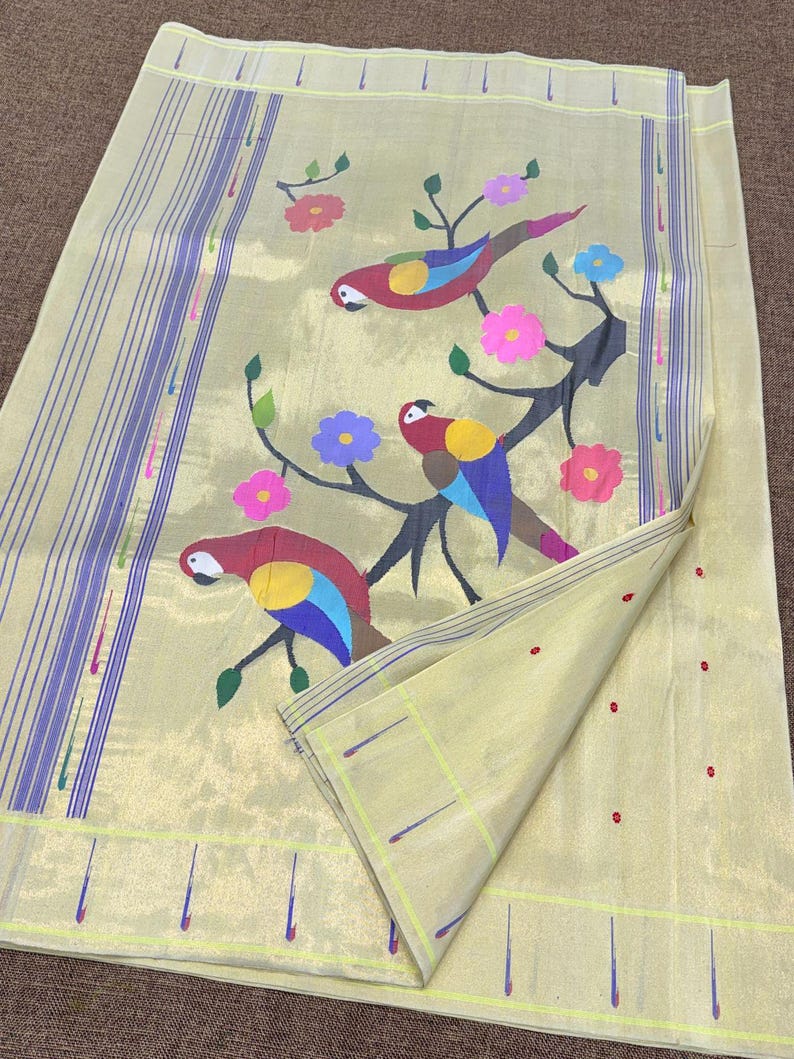 Pure Silk Handloom Paithani Saree | Yellow Triple Muniya Design ...