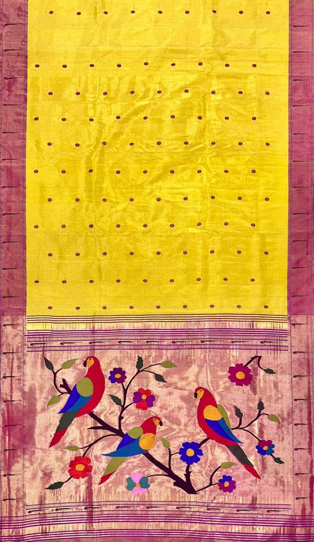 Pure Silk Handloom Paithani Saree | Yellow Triple Muniya Design ...