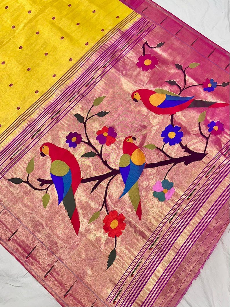 Pure Silk Handloom Paithani Saree | Yellow Triple Muniya Design ...