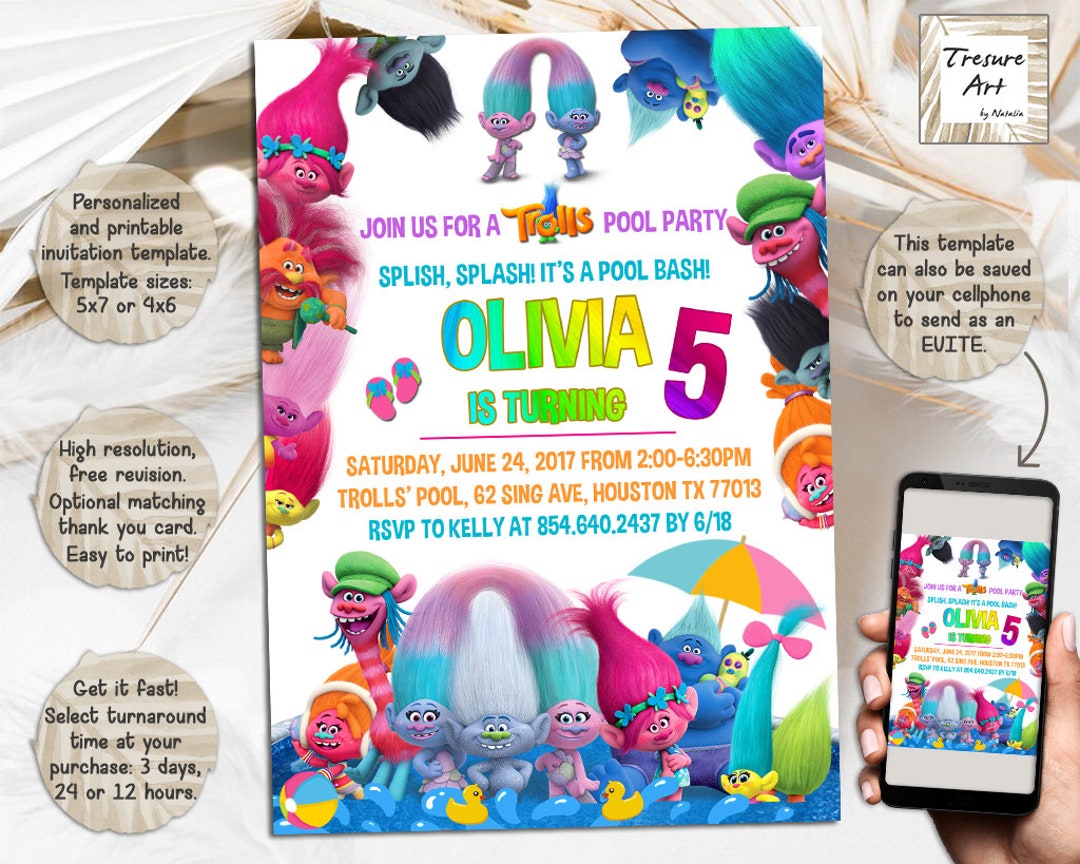 Trolls Pool Party Birthday Invitation I Trolls Movie Birthday Invite I ...