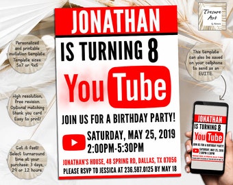 Customizable Youtube Birthday Invitation - Etsy Canada