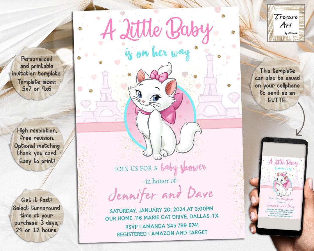 Marie the Cat Baby Shower Invitation I Marie Aristocats Invite I Kitten ...