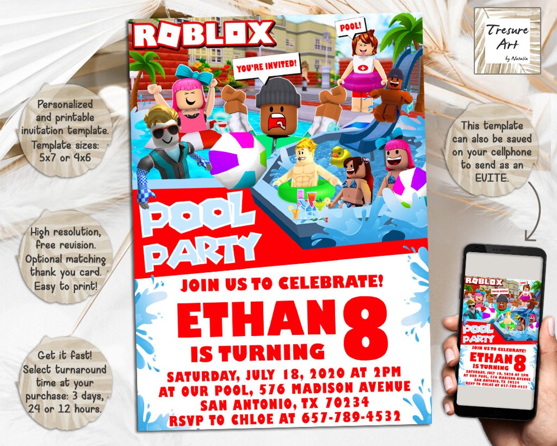 Roblox Pool Party Birthday Invitation I Roblox Birthday Party - Etsy