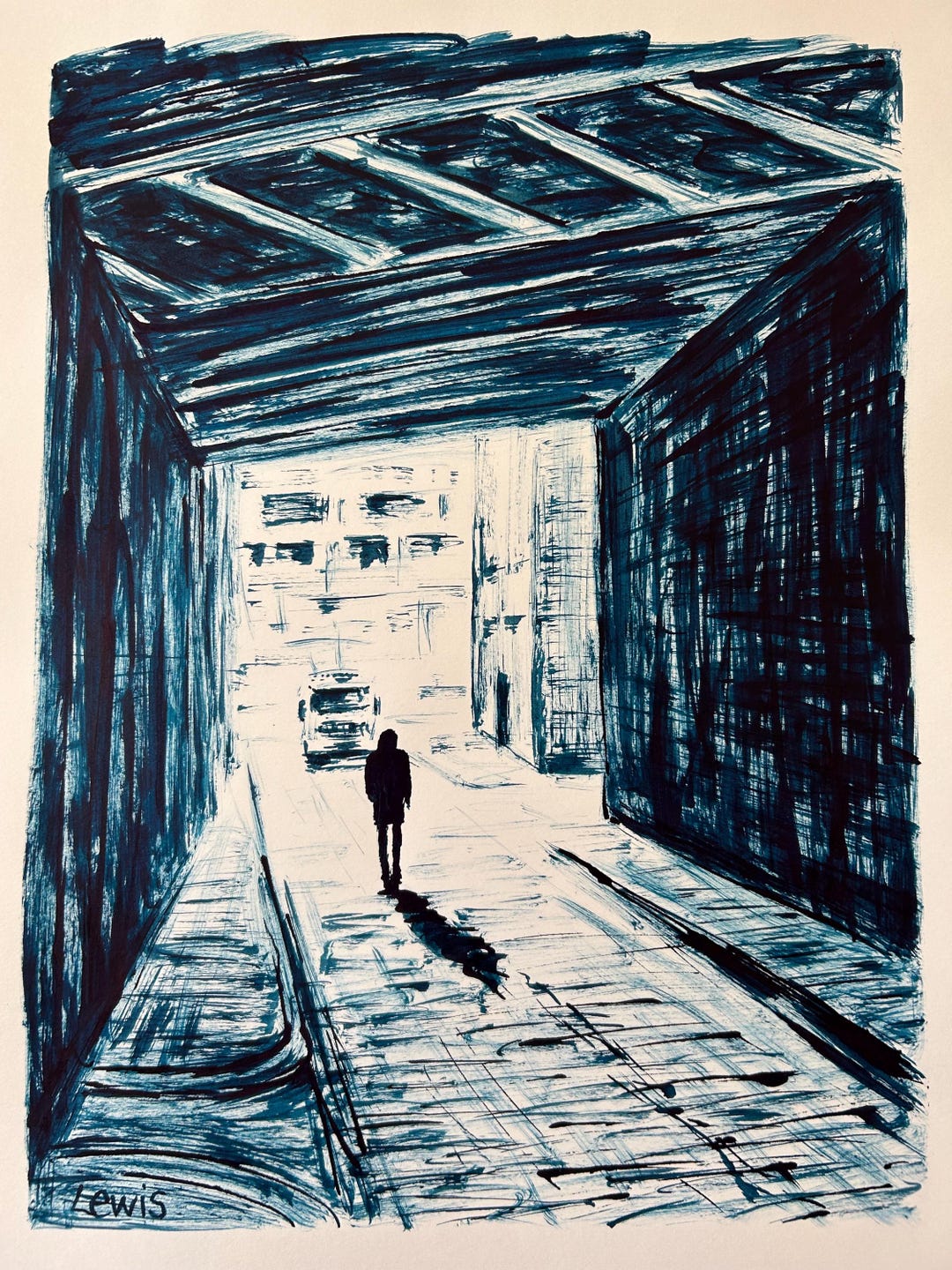 Original Ink Drawing - Girl Under the Tracks (blue) - Etsy