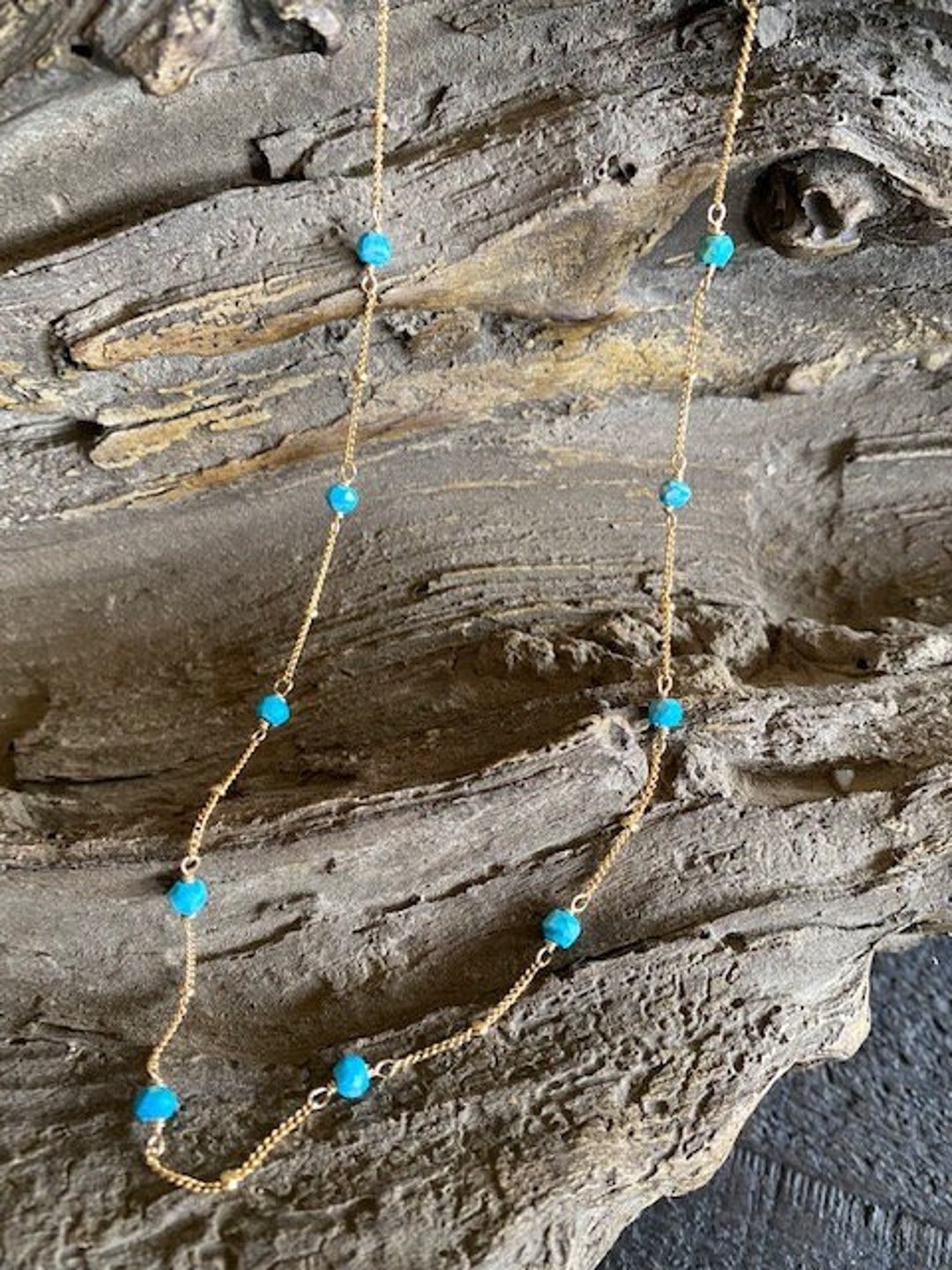 Turquoise Gold Station Necklace, Gold Turquoise Necklace, Gold ...