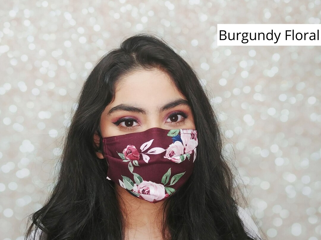 Face Mask With Nose Wire, Floral Face Mask, 3 Layer Face Mask, Burgundy ...