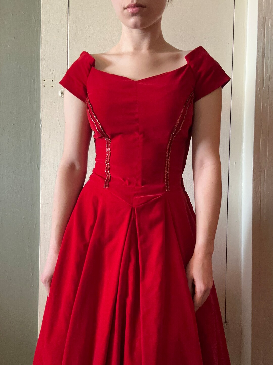 1950s Red Velvet Full Pleated Skirt Dress Sequin Bodice Notched ...