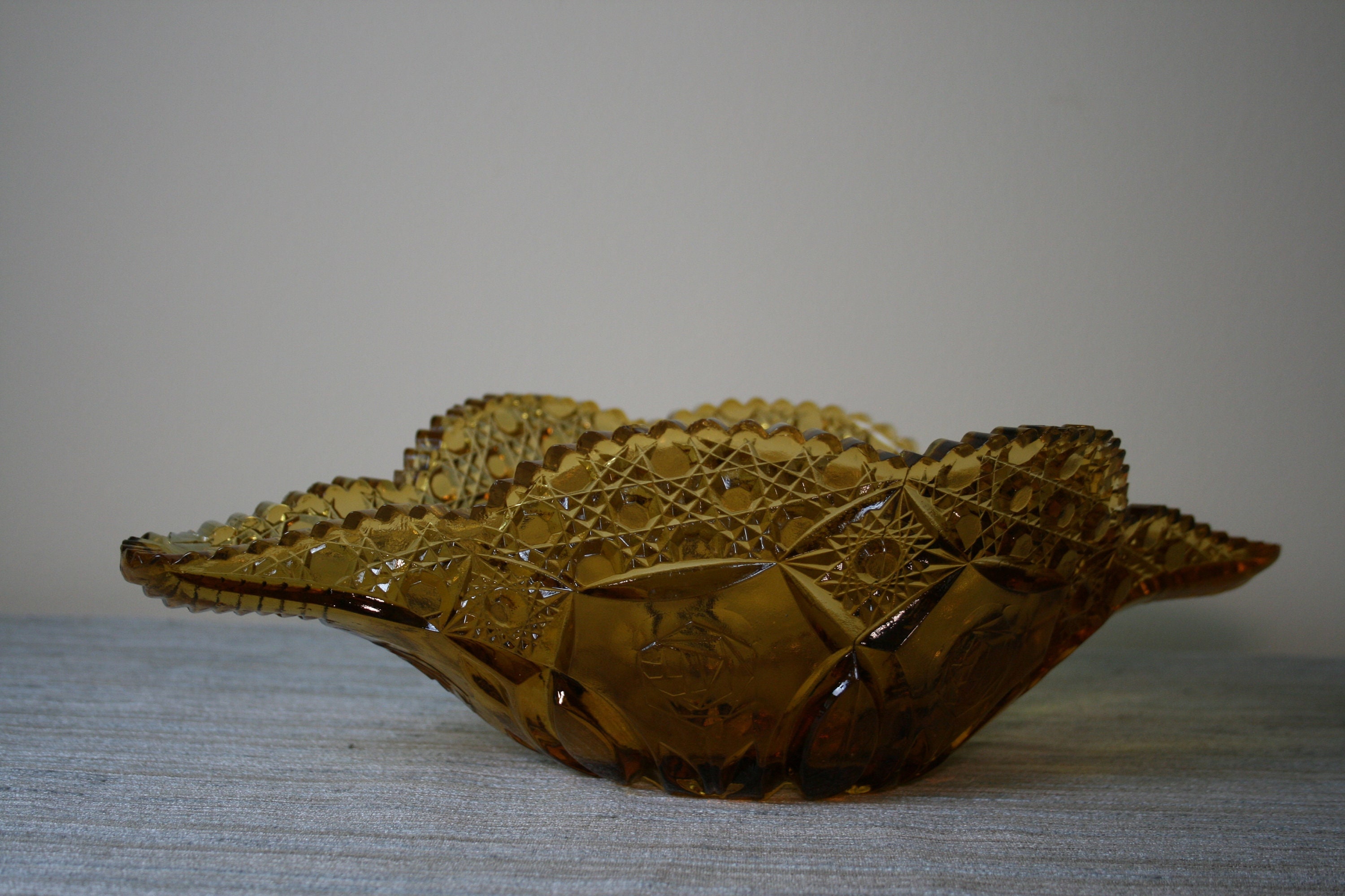 Vintage Kemple Glass Wheatonware Napoleon Hat Banana Bowl Amber Cane ...