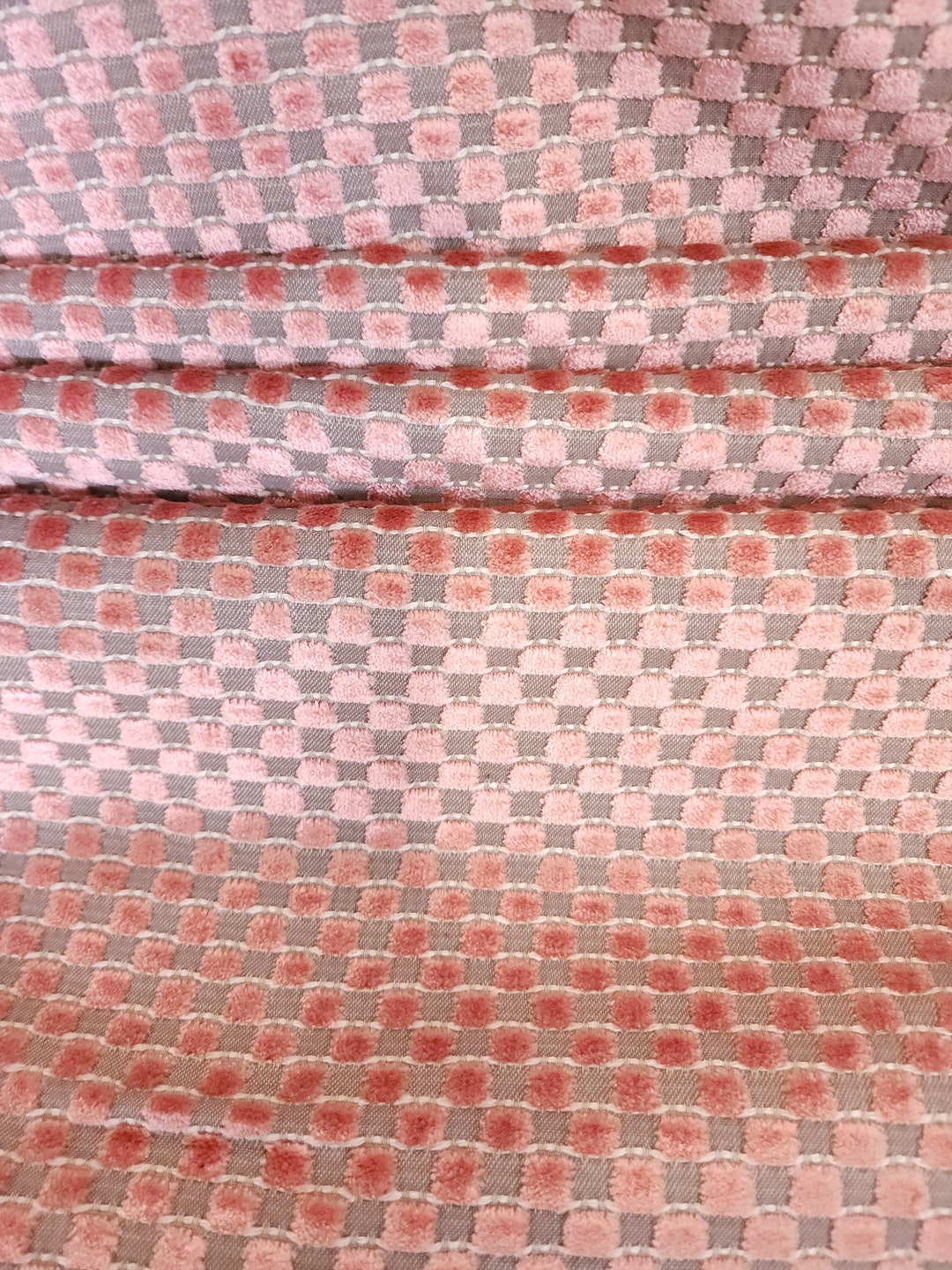 Sale Small Check Cut Velvet Chenille Coral Color on Beige Upholstery ...