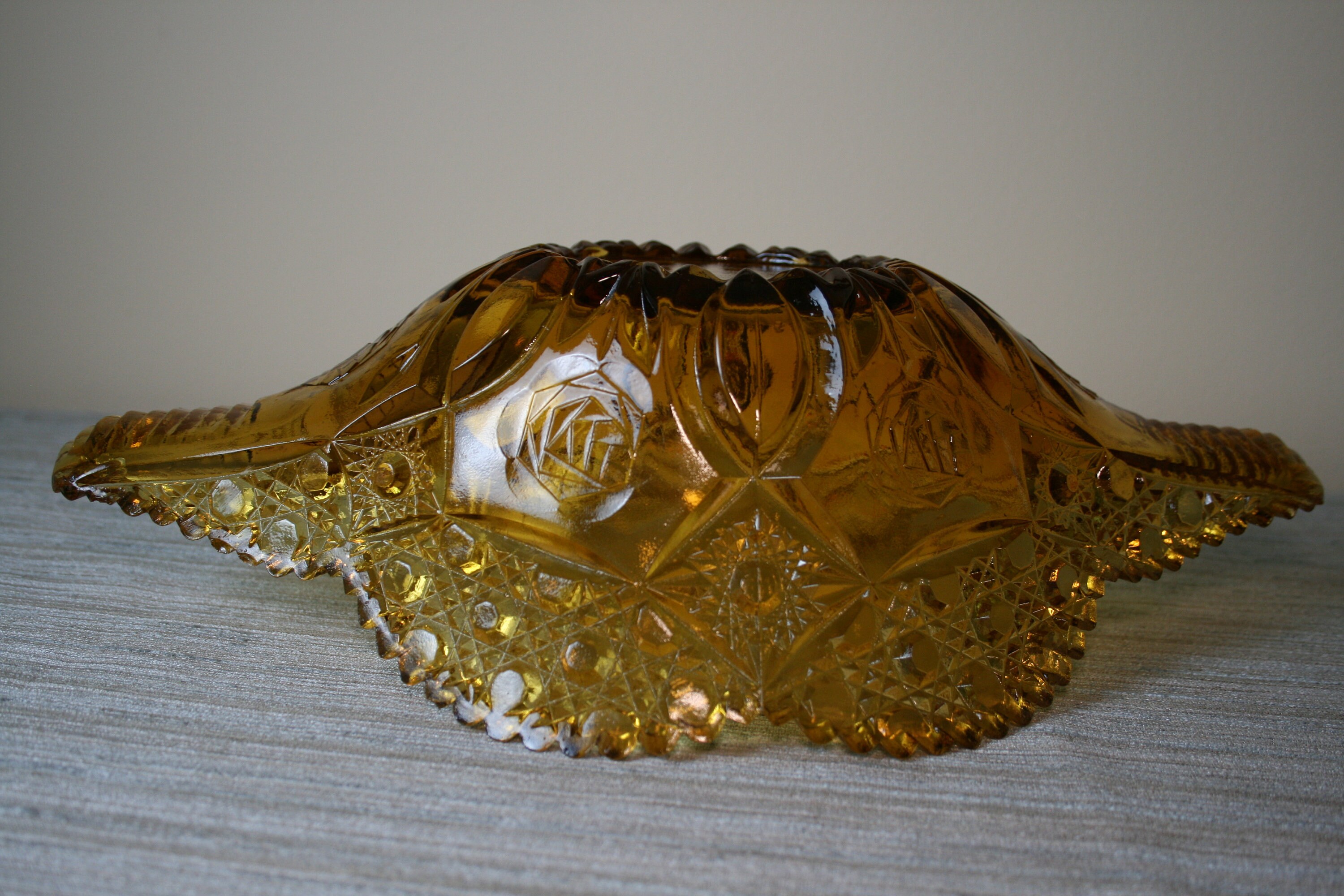 Vintage Kemple Glass Wheatonware Napoleon Hat Banana Bowl Amber Cane ...