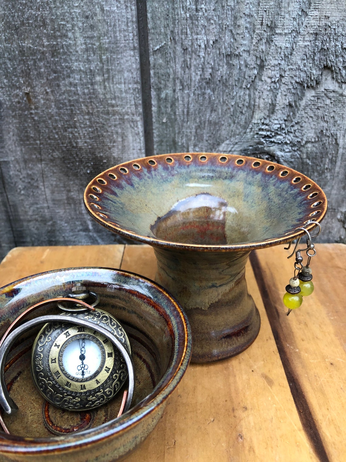 Ceramic Earring Holder With Dish in Waterfall Brown Pottery | Etsy