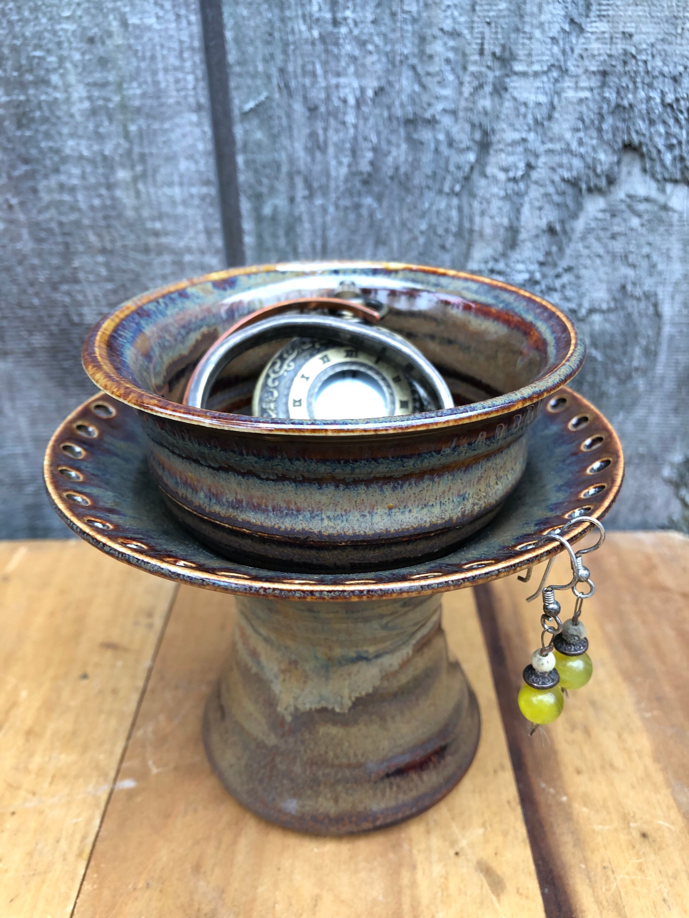 Ceramic Earring Holder With Dish in Waterfall Brown Pottery | Etsy