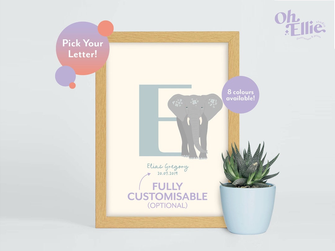 Elephant Initial Baby Nursery Print, Elephant Nursery Decor, Children's ...