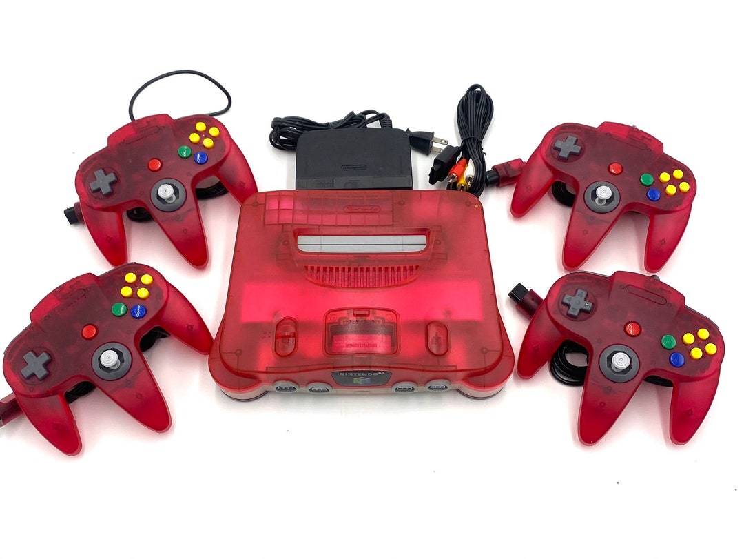 Authentic Nintendo 64 Watermelon Red N64 + up to 4 Controllers + Jumper ...
