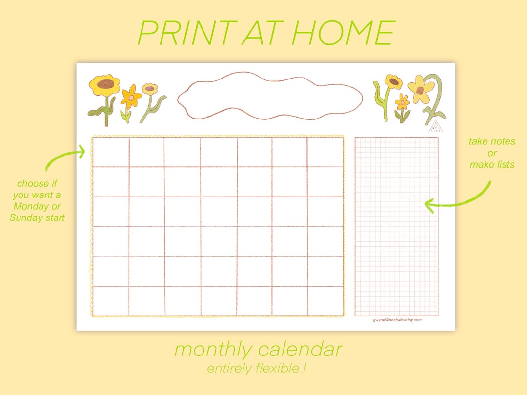 Printable Monthly Calendar Flexible Calendar Planner Instant Digital ...