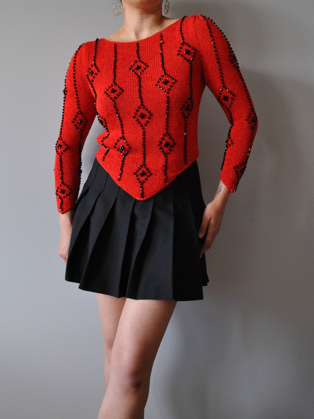Vintage Red Beaded Knit Top | by Nannell | Size XS-S - Etsy