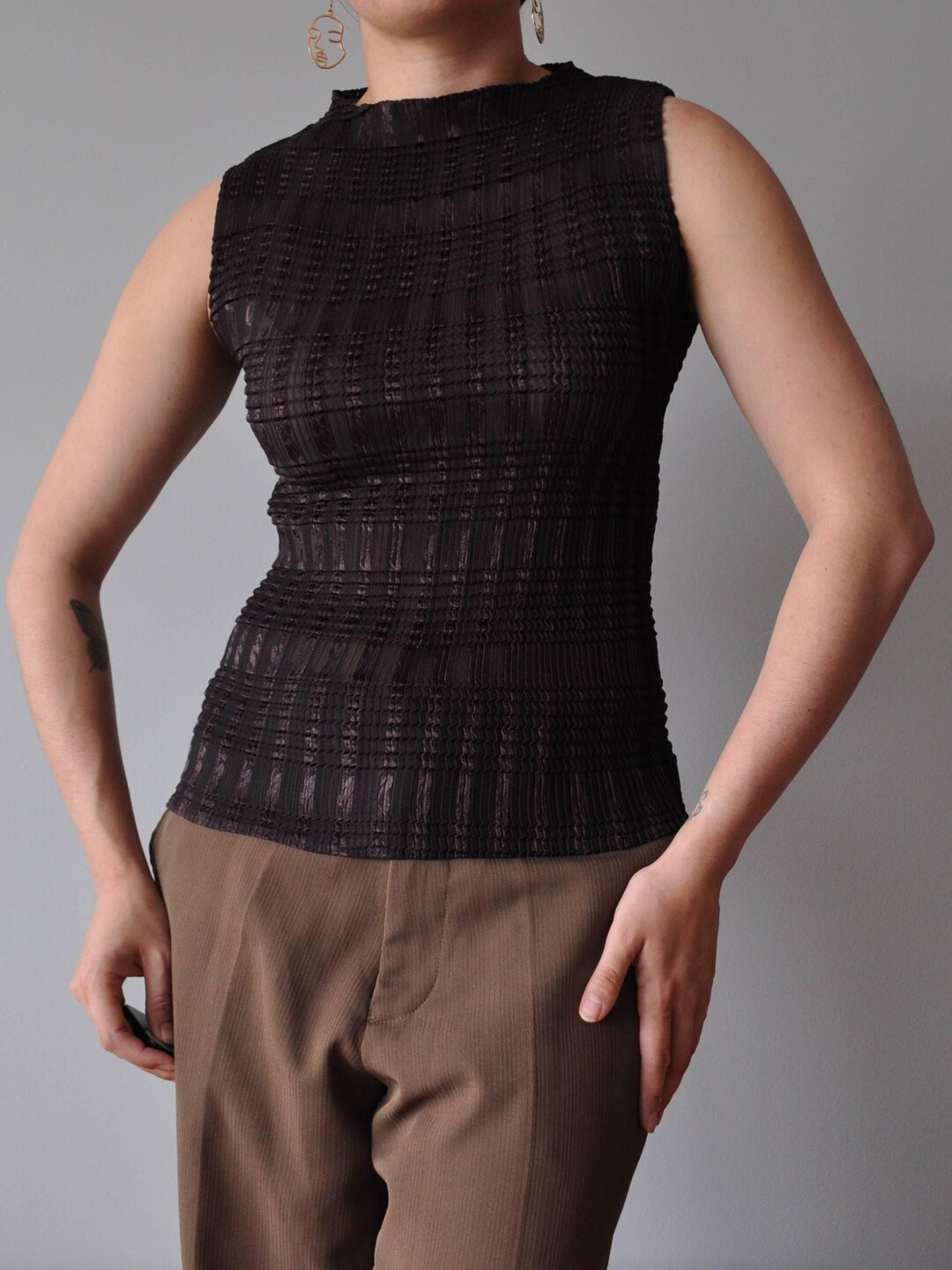 Vintage Brown Stretch Tank Plisse Tank Size S-M - Etsy