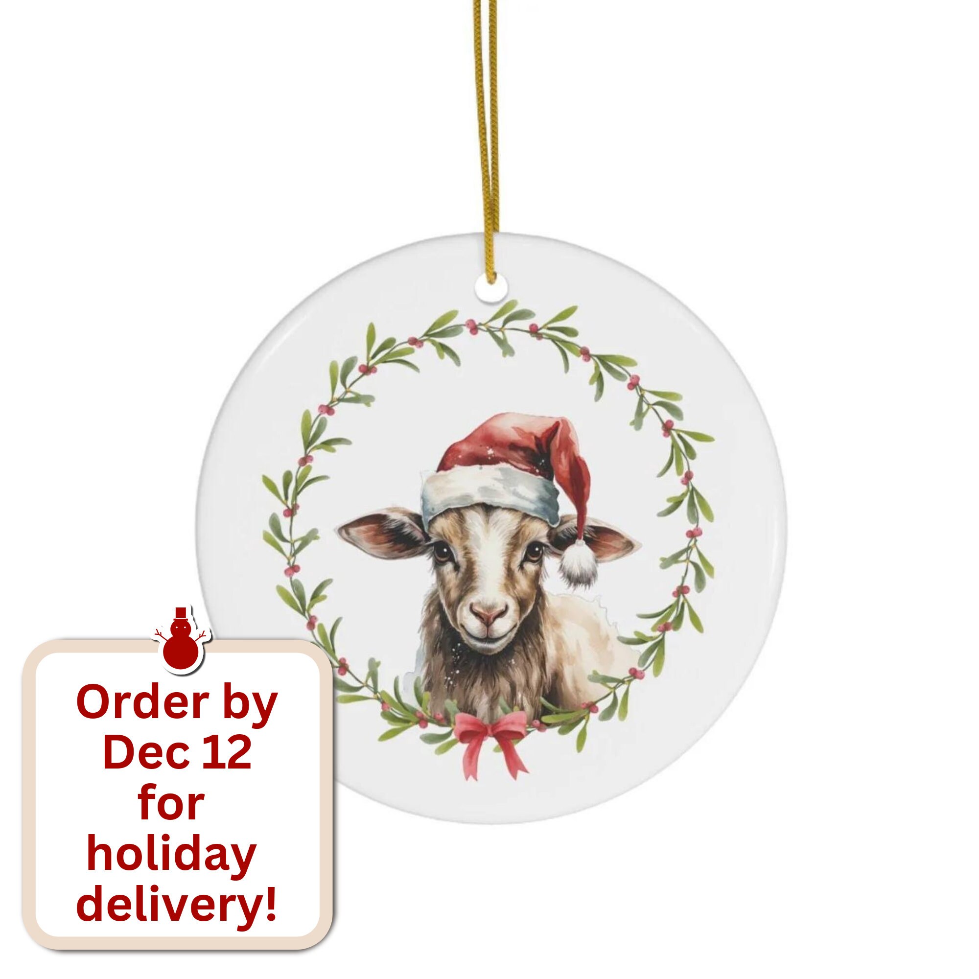 Baby Goat Christmas Ornament With Santa Hat, Ceramic Round Simple ...