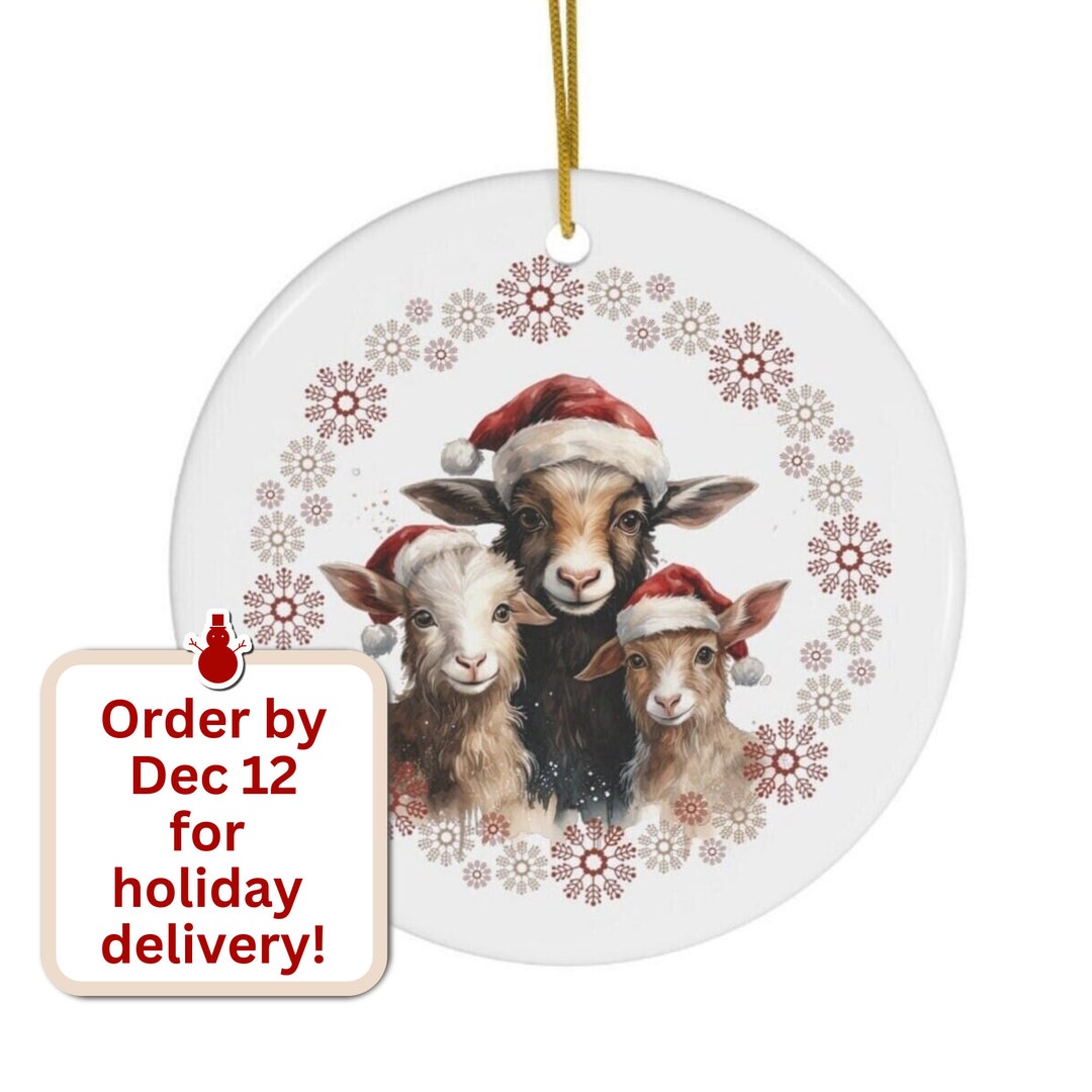 Goat Trio Christmas Ornament With Santa Hat, Ceramic Round Adorable ...
