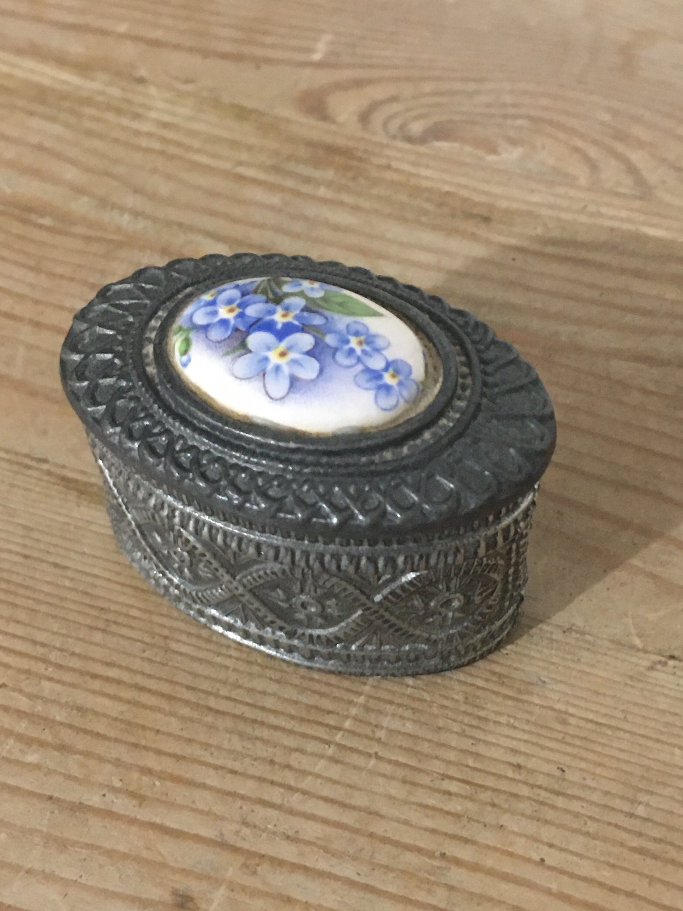 Vintage small oval pewter trinket box with floral porcelain | Etsy