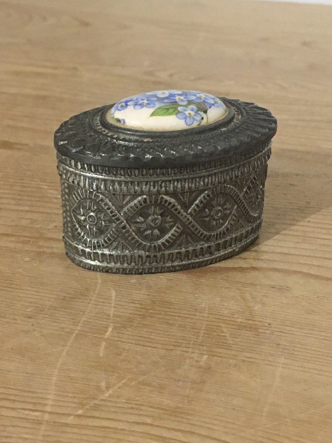 Vintage small oval pewter trinket box with floral porcelain | Etsy