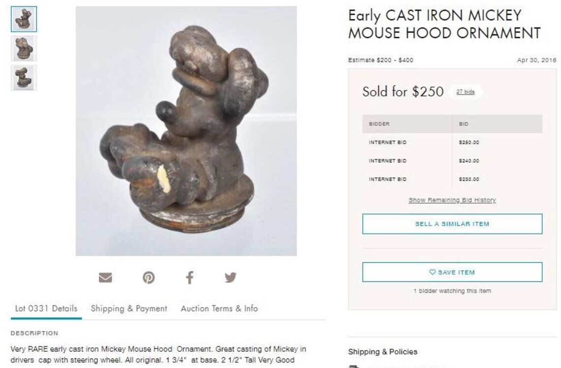 Rare Antique Cast Iron Mickey Mouse Hood Ornament. Mickey Behind a ...