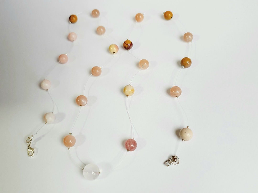 Handmade Floating Crystal Necklace: Mookaite, Sunstone, Pink Opal, Rose ...