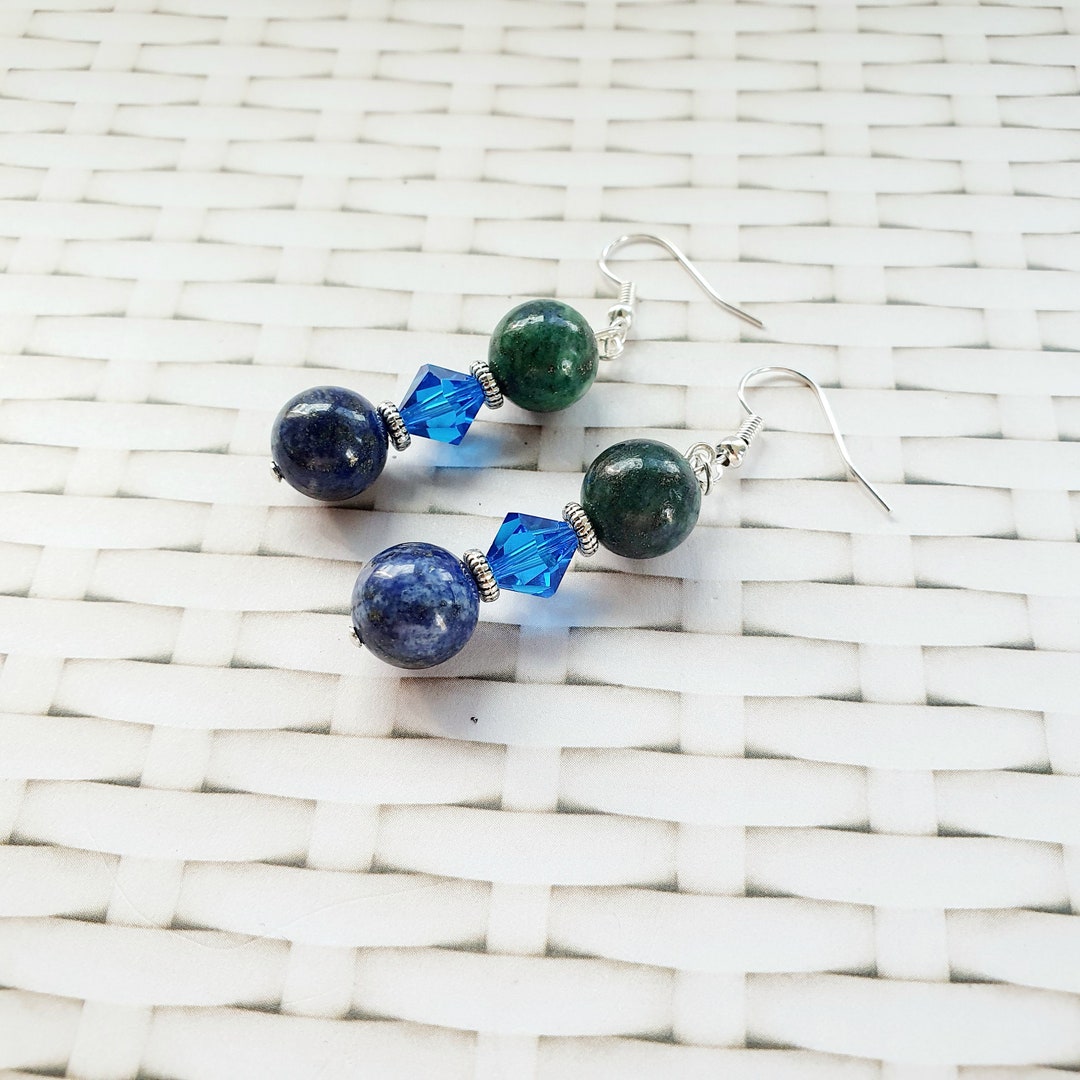 Azurite Malachite Swarovski Crystal Earrings: Handmade Beaded Dangle ...