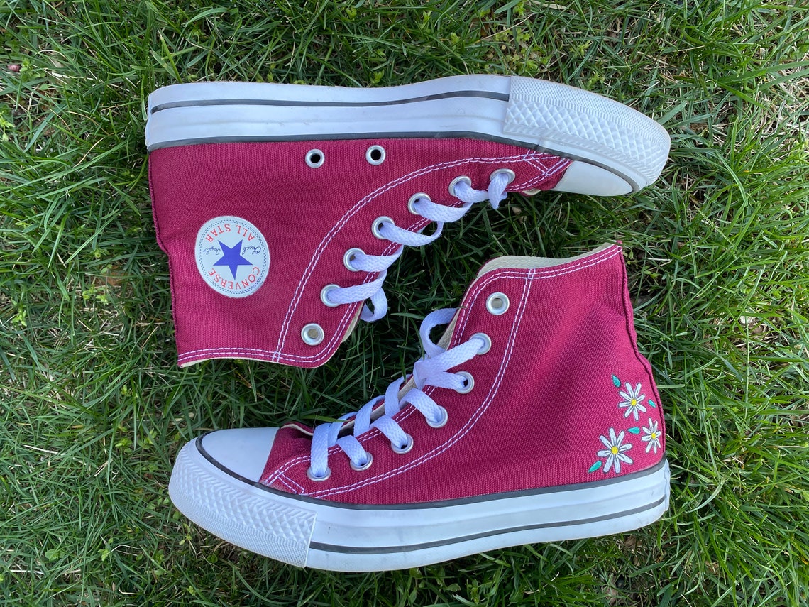 Custom Hand Painted High Top Converse, Daisy, Flowers, Sneakers, Red ...