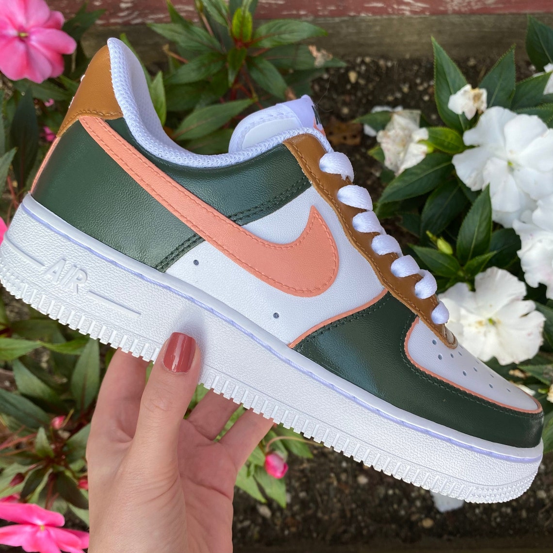Custom Hand Painted Color Block Nike Air Force 1's, Green, Peach, Brown ...