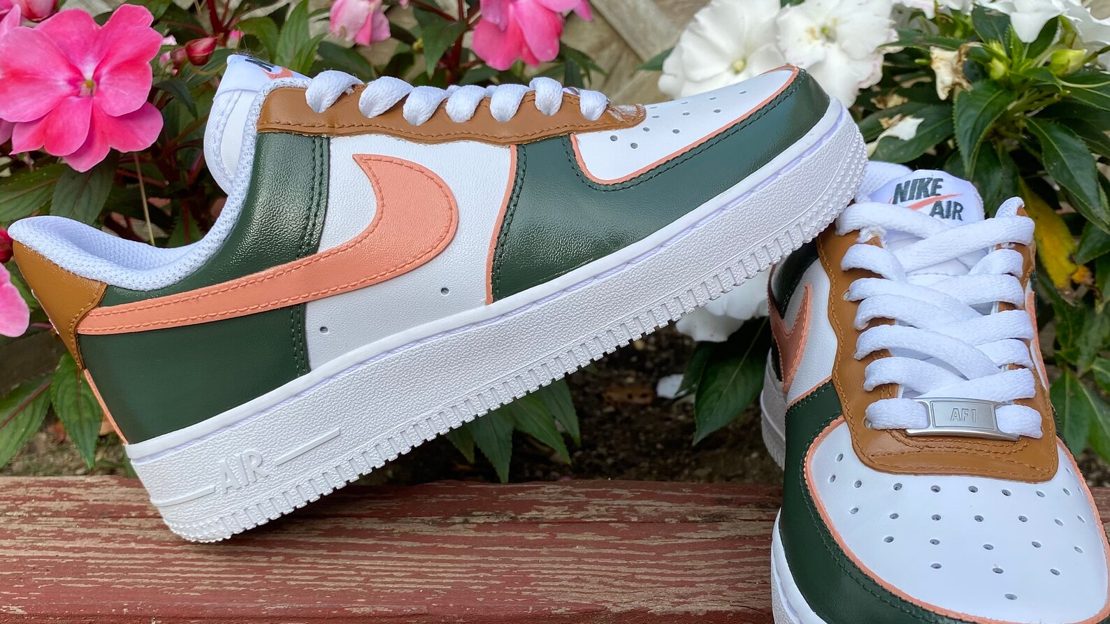 Custom Hand Painted Color Block Nike Air Force 1's, Green, Peach, Brown ...