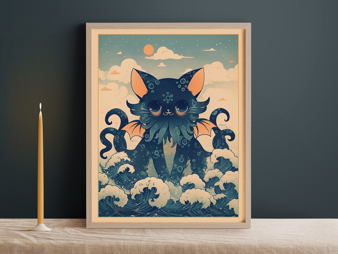 Retro Cthulhu Cat Art Print: Whimsical Monster Decor - Etsy