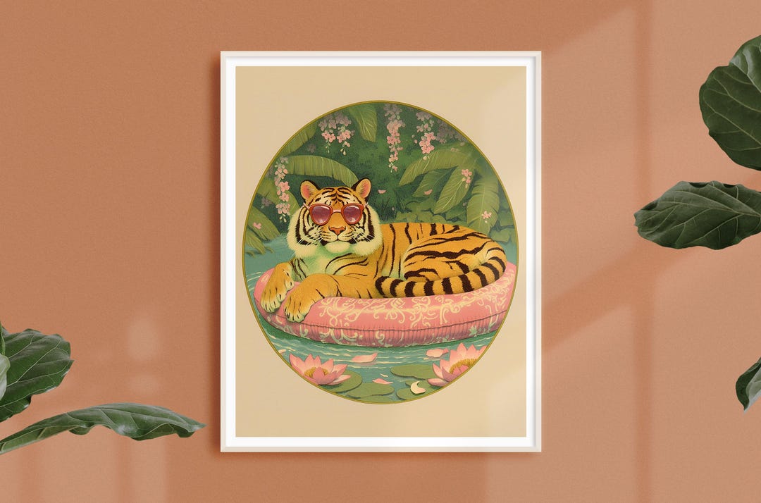 Vintage Style Cool Tiger on a Pool Floaty Fine Art Print • Colorful ...