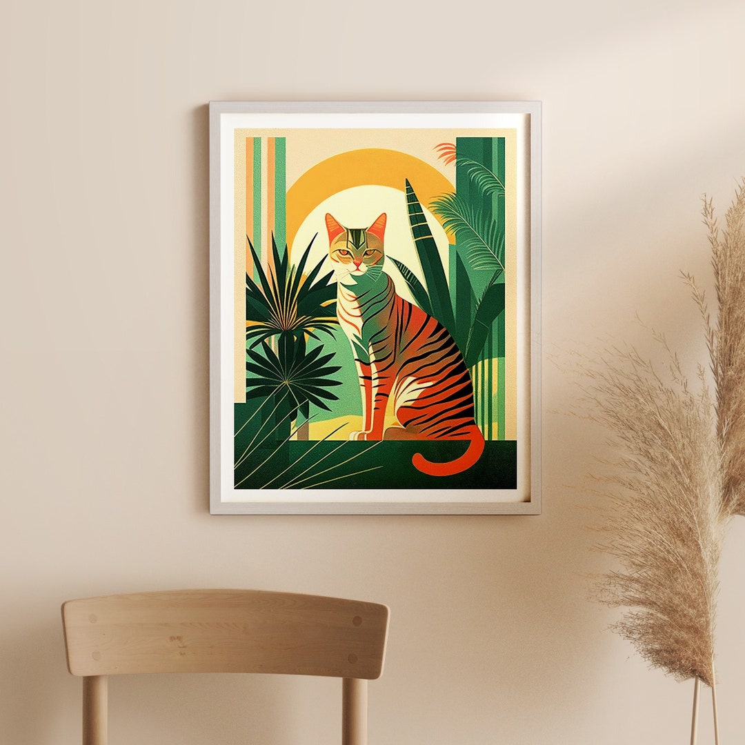 Vintage Style Art Deco Tropical Cat Print Art Nouveau Decor Unique Cat