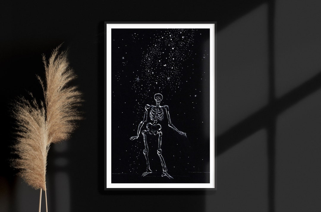 Vintage Skeleton Under a Starry Night Fine Art Print • Black and White ...
