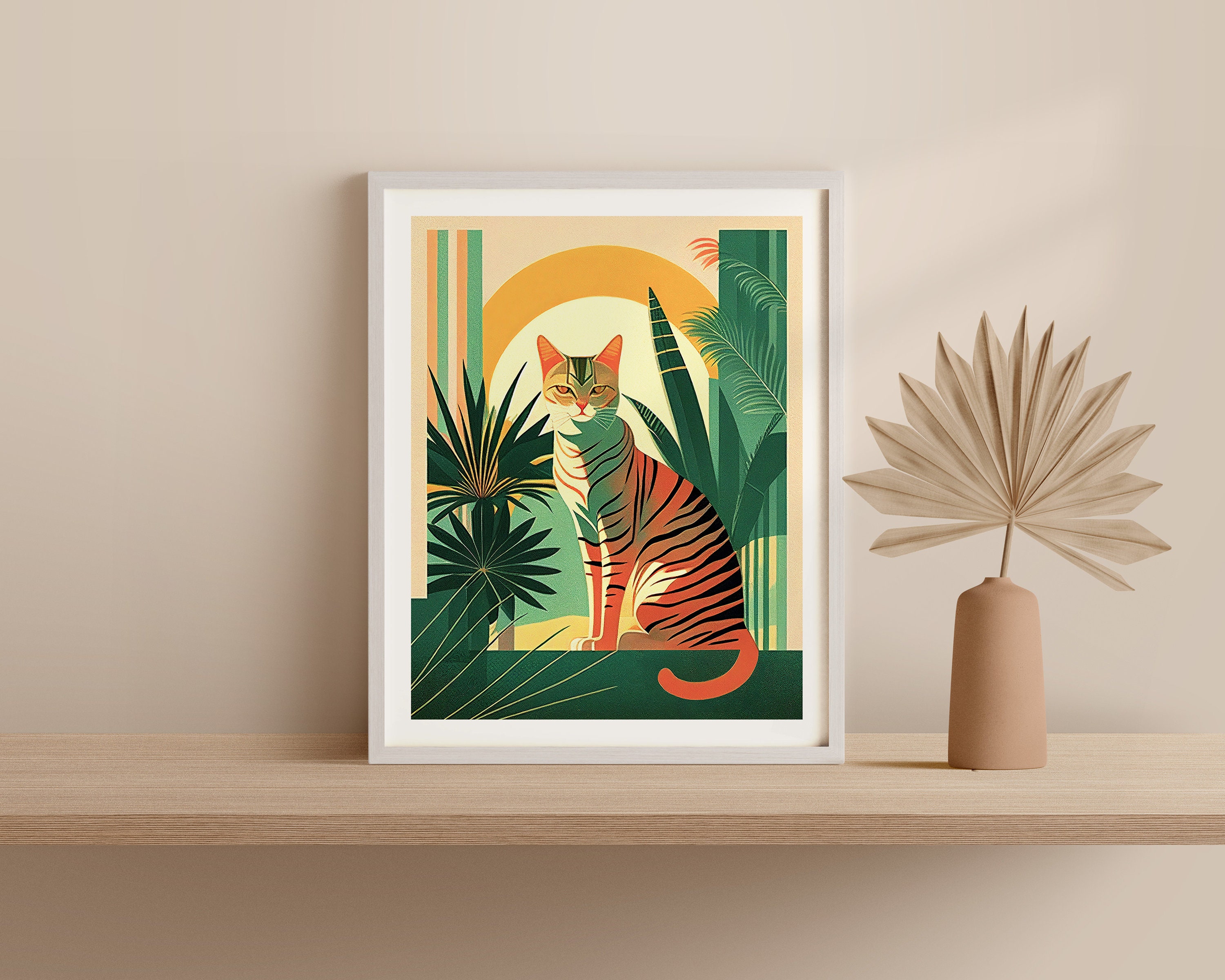 Vintage Style Art Deco Tropical Cat Print Art Nouveau Decor Etsy