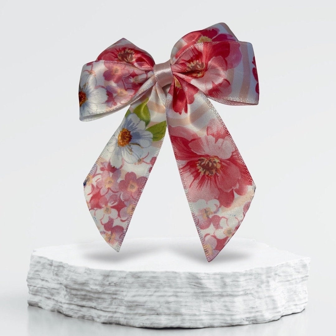Beautiful Floral 5 Inch Hair Bow for Girls. Satin Ribbon and Alligator ...