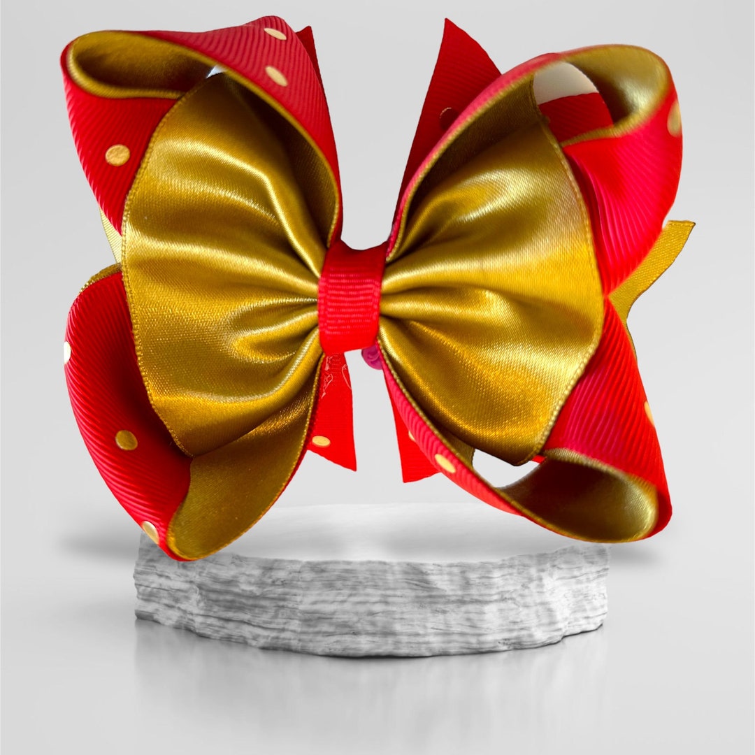 Doubled Faced Red and Gold , 5' Inch Hair Bow for Girls. Grosgrain and ...