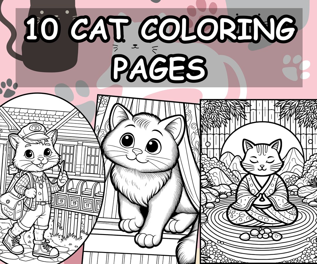 Cat Coloring Pages | 10 Cat Coloring Pages | Stress Relieve | Instant ...
