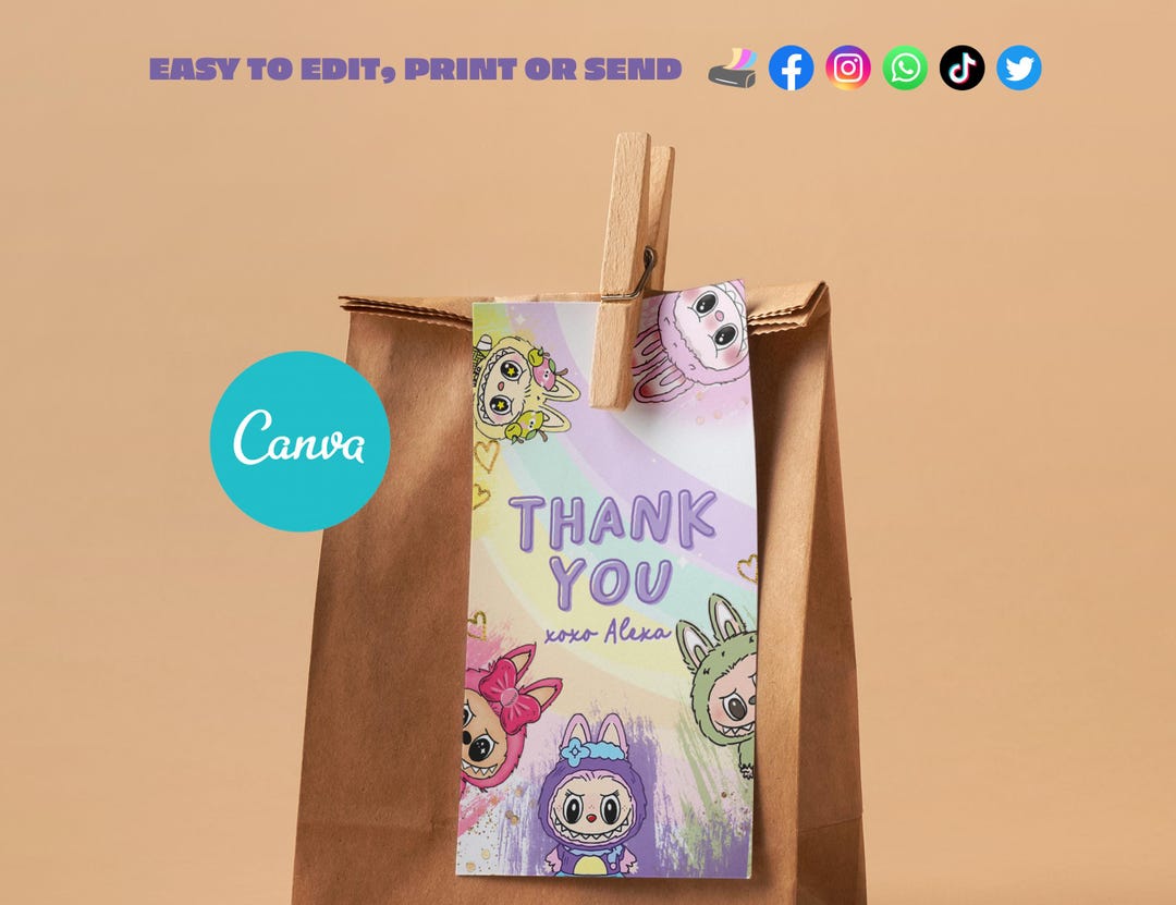 Labubu Thank You Favor Tags, Labubu Editable Template, Labubu Birthday ...