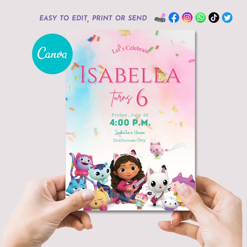 Gabbys Dollhouse Birthday Invitation, Gabbys Dollhouse Editable ...