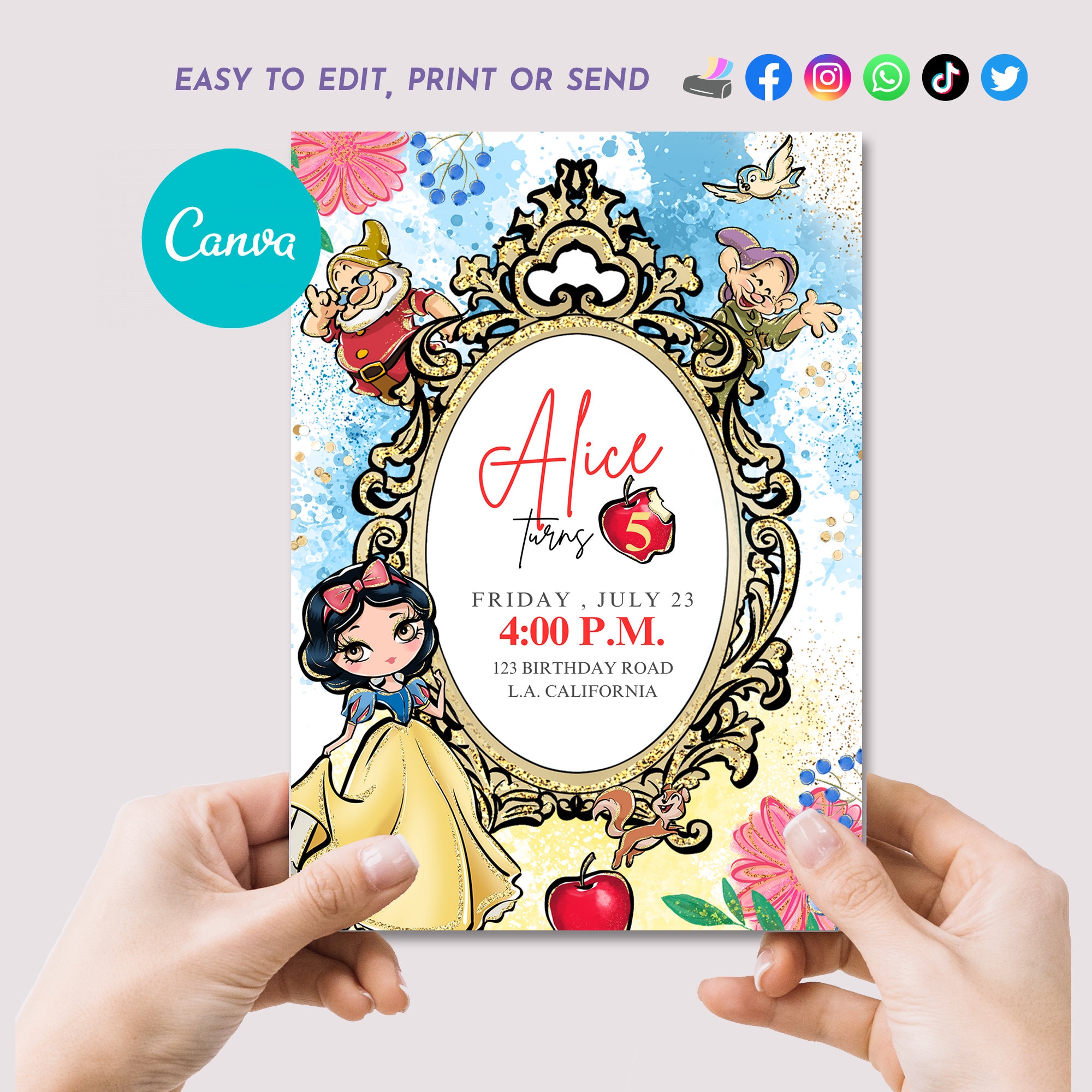 Snow White Birthday Invitation, Snow White Editable Template, Snow ...